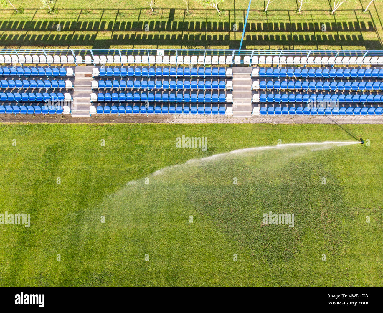 sprinkler watering football field. soccer field from above Stock Photo ...