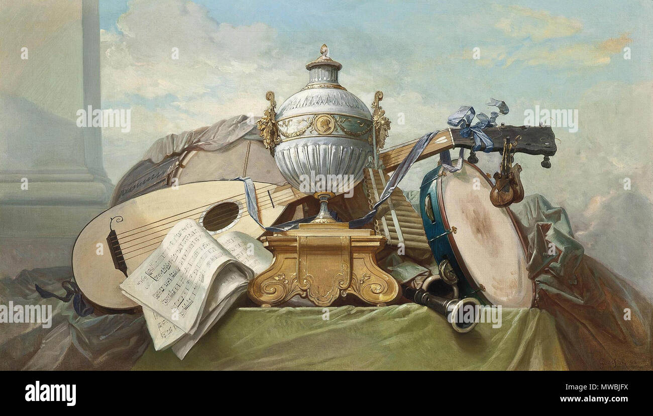 . A lute, a tambourine, a panpipe, a clarinet, a drum, a score of music ...
