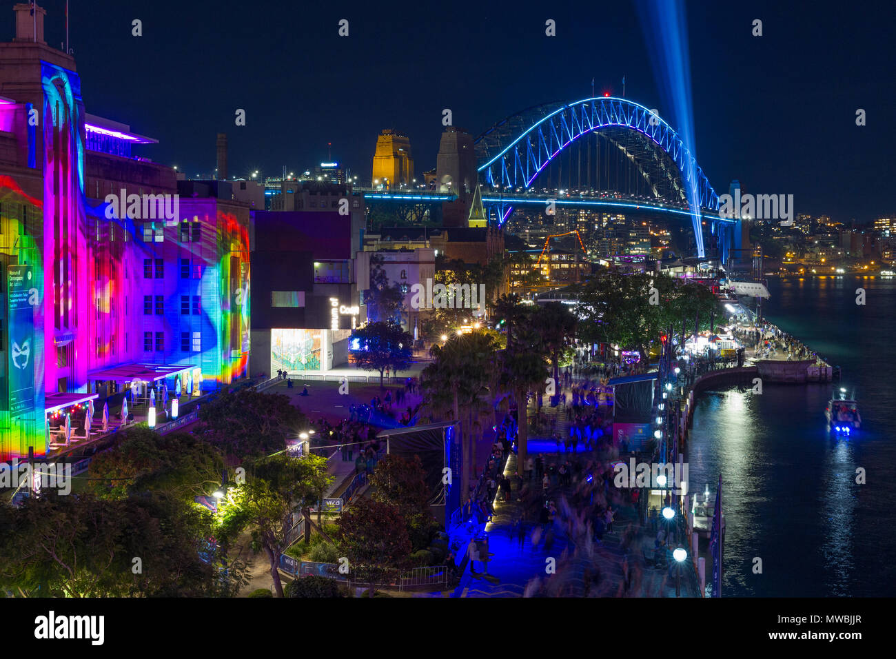 Special lighting adorns the arch of Sydney Harbour Bridge and the MCA ...