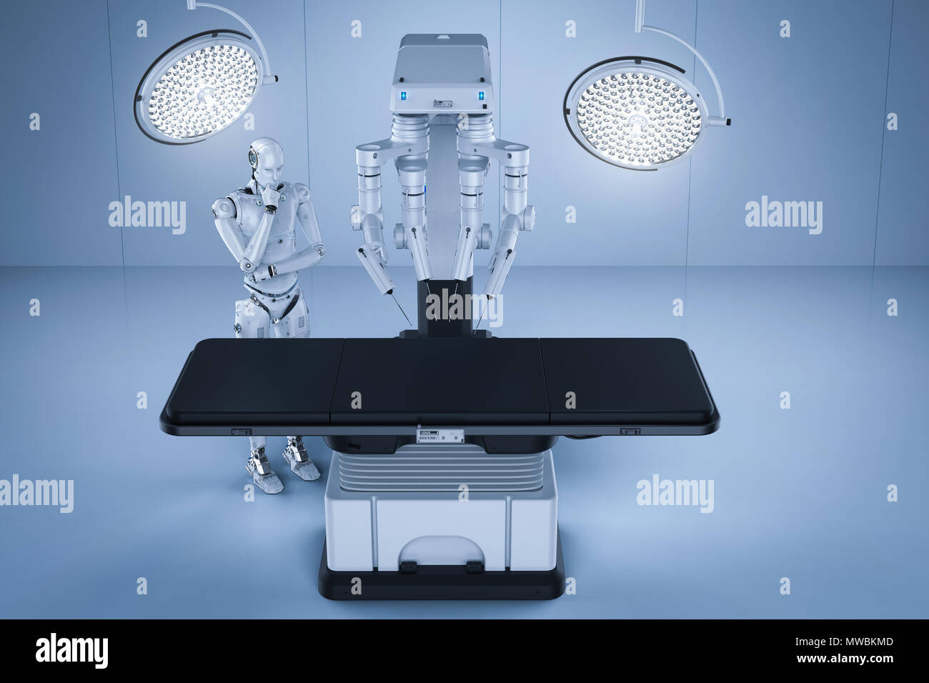 3d rendering robot surgery machine with cyborg and empty bed Stock ...