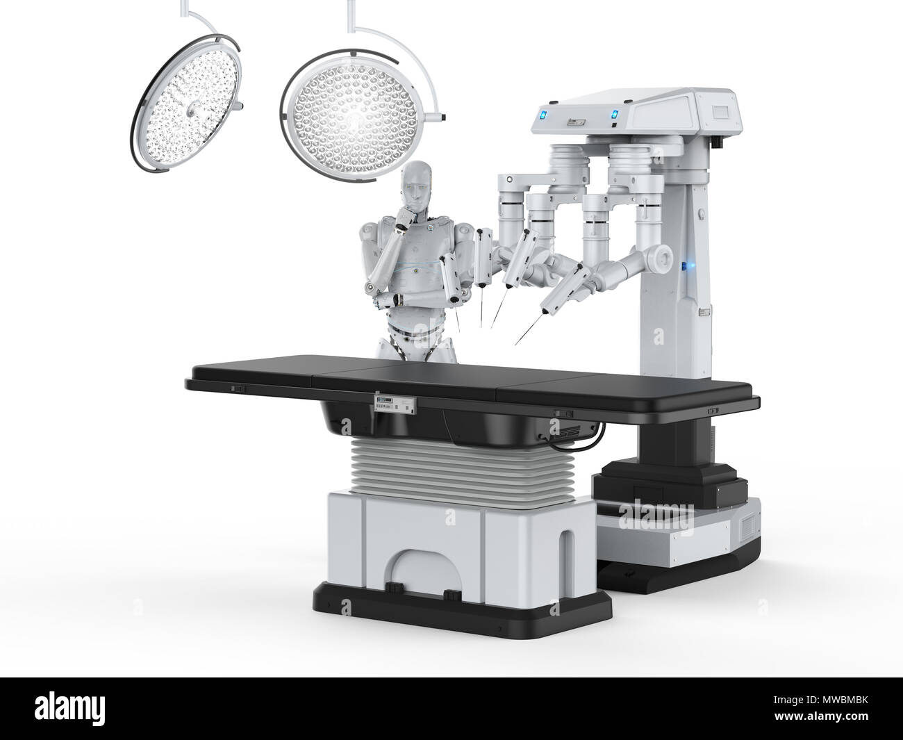 3d rendering robot surgery machine with cyborg and empty bed Stock ...