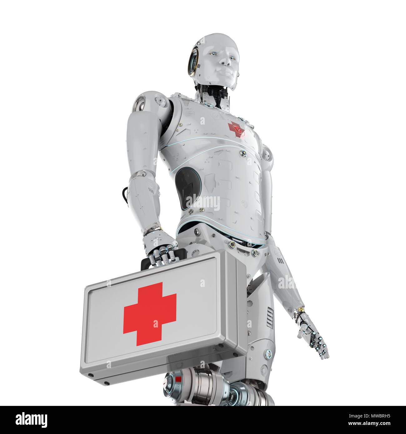 3d rendering medical robot with red cross sign on white background ...