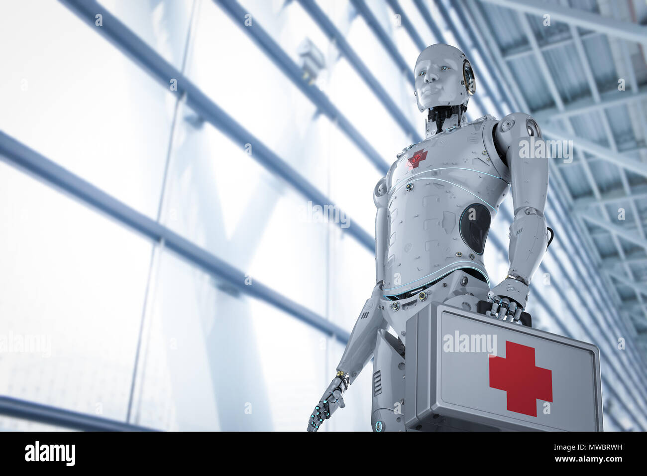 3d rendering medical robot with red cross sign holding medical case ...