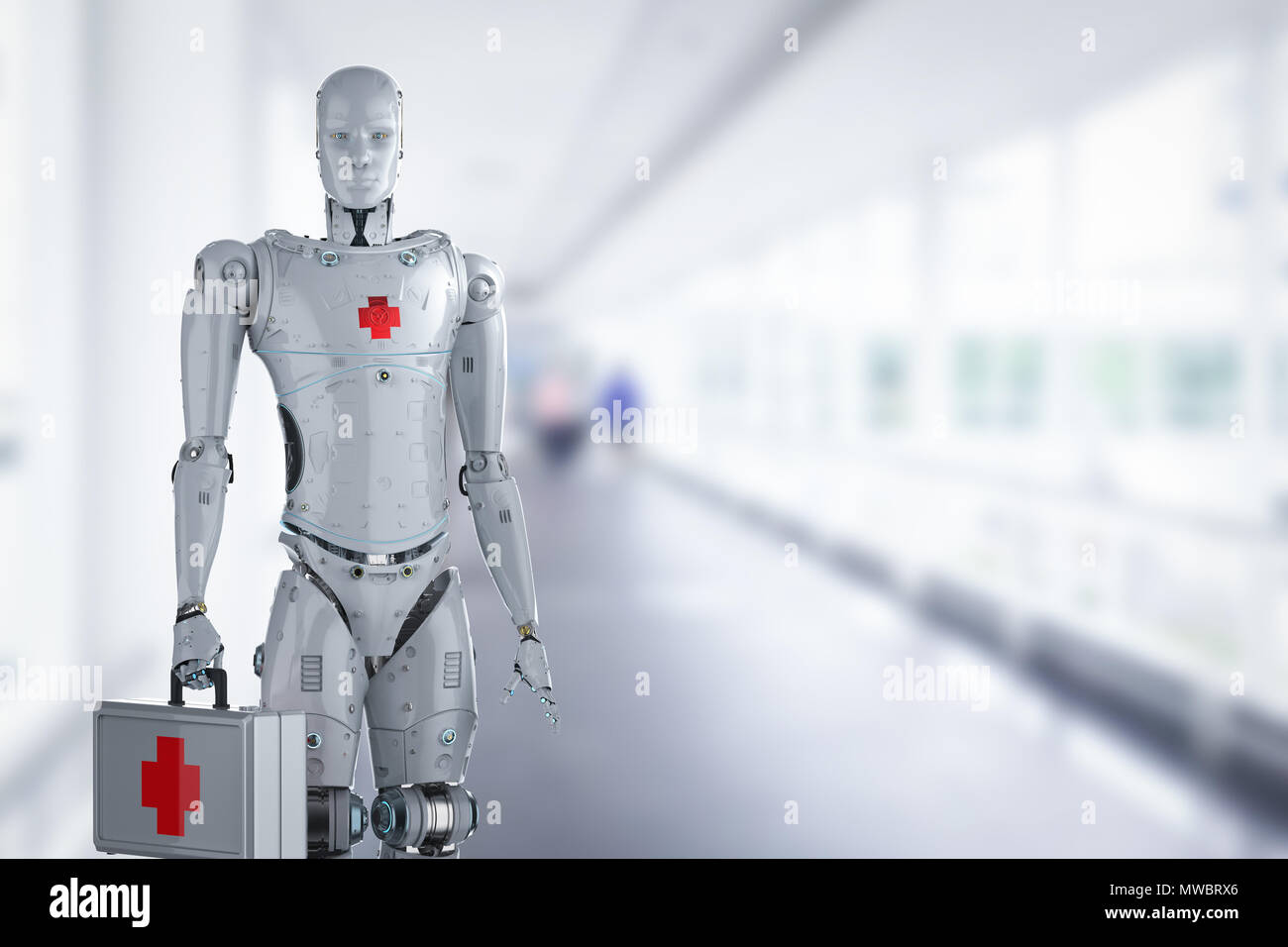 3d rendering medical robot with red cross sign holding medical case ...
