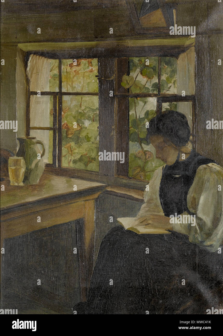 . Deutsch: Sitzende lesende Frau am Fenster. Öl auf Leinwand, 40 x 29 ...