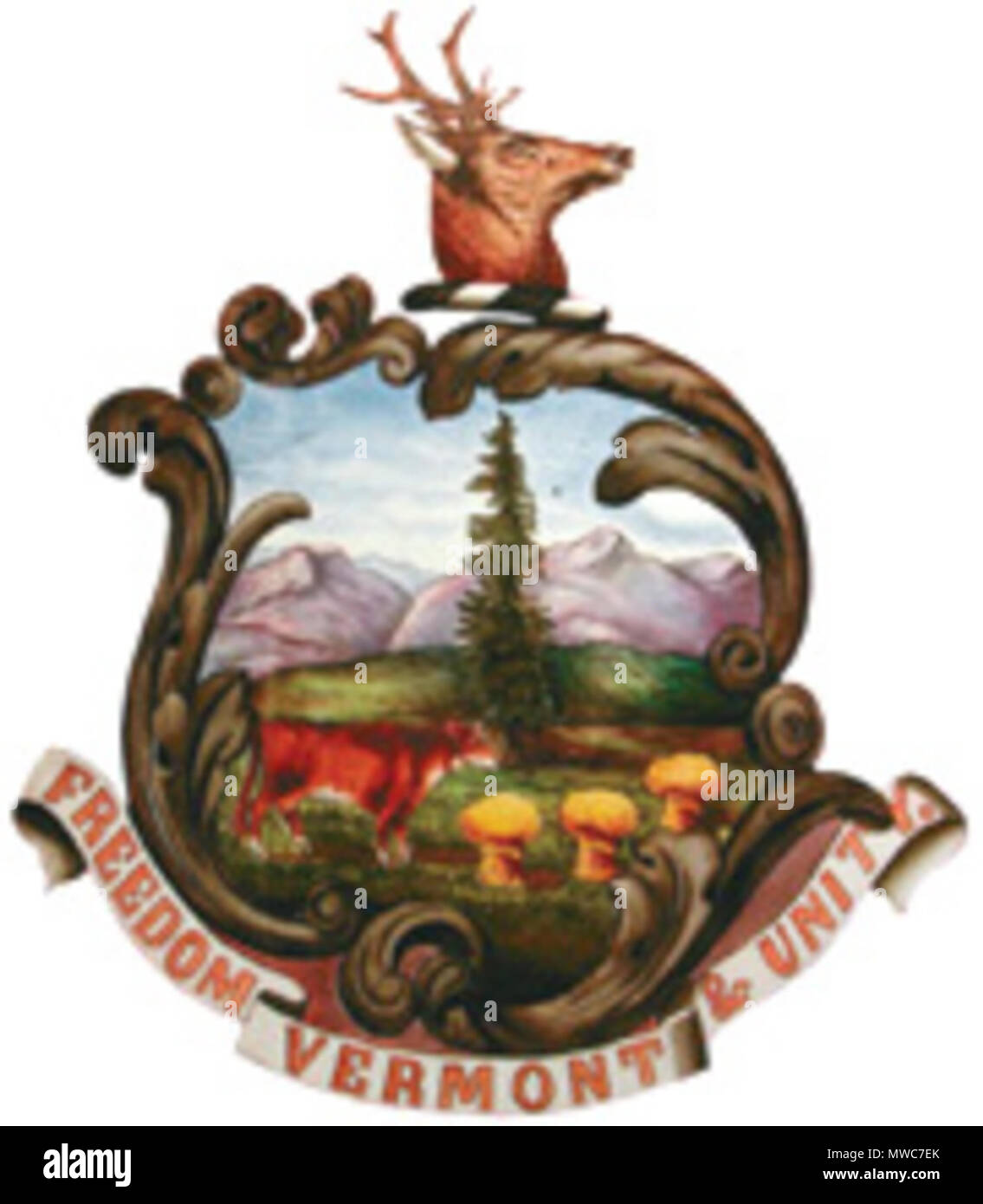 . English: Vermont's coat of arms in stained glass, formerly in the ...