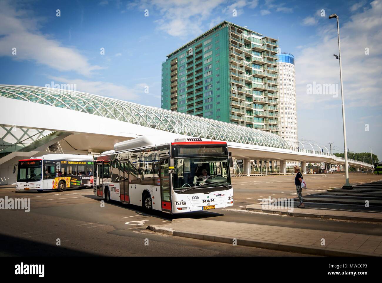 THE HAGUE (DEN HAAG), NETHERLANDS. July 19, 2017. White HTMBuzz buses ...