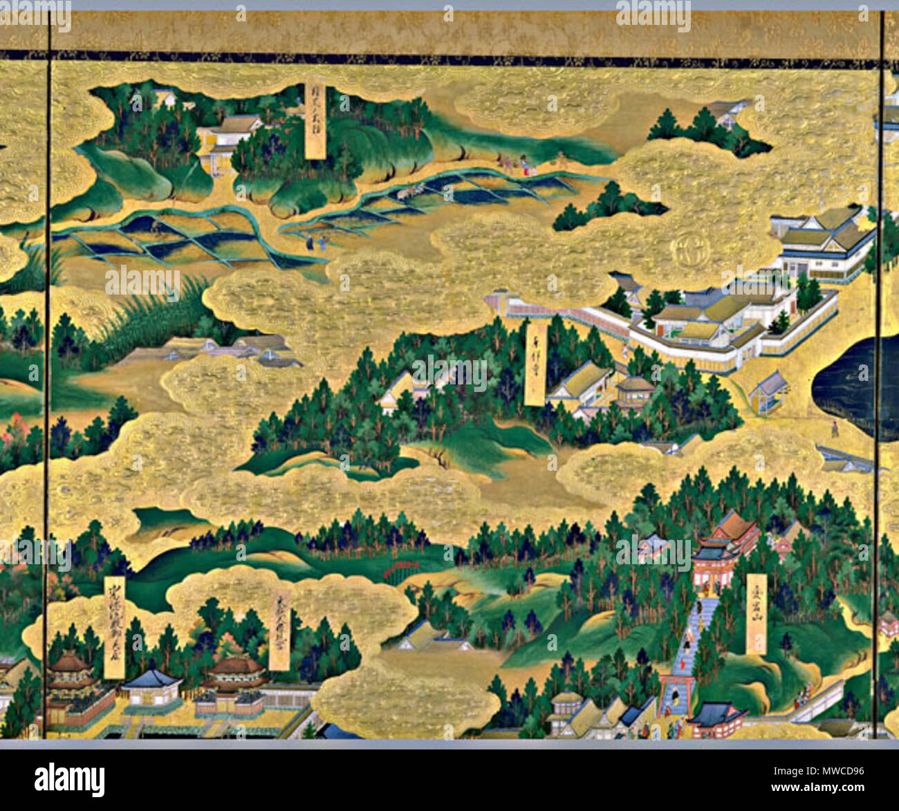 . English: View of Edo, left screen. pair of six-panel folding screens ...