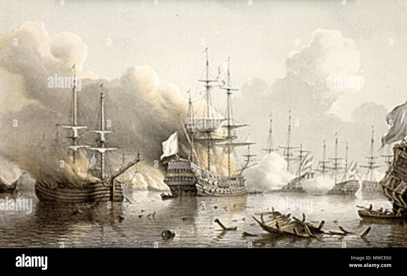 . The French flag ship 'Le Glorieux' fires at the burning Dutch ships ...