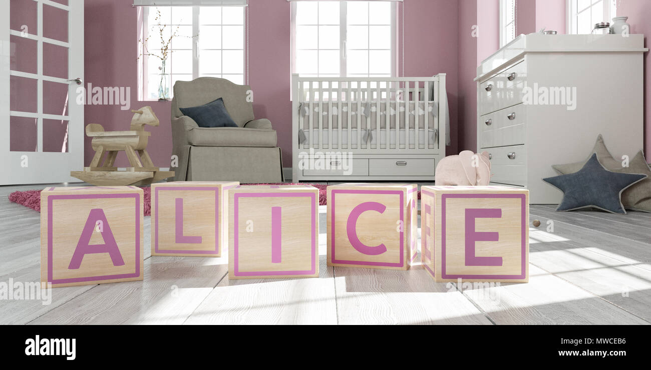The name alice written with wooden toy cubes in children's room Stock ...
