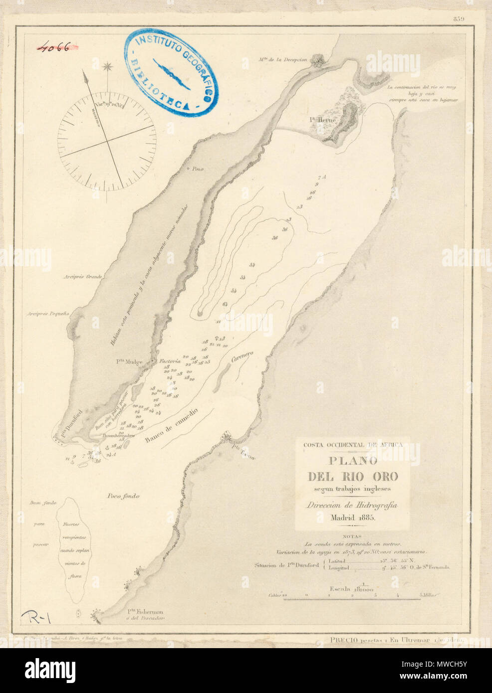 . English: Map detailing the 'Rio de Oro' bay, Spanish Sahara, 1885 ...