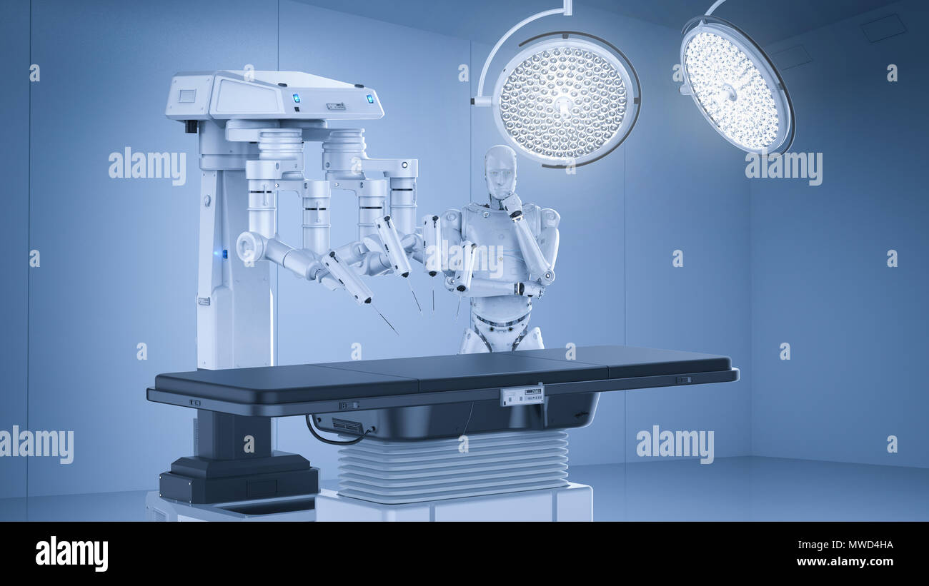 3d rendering robot surgery machine with cyborg and empty bed Stock ...