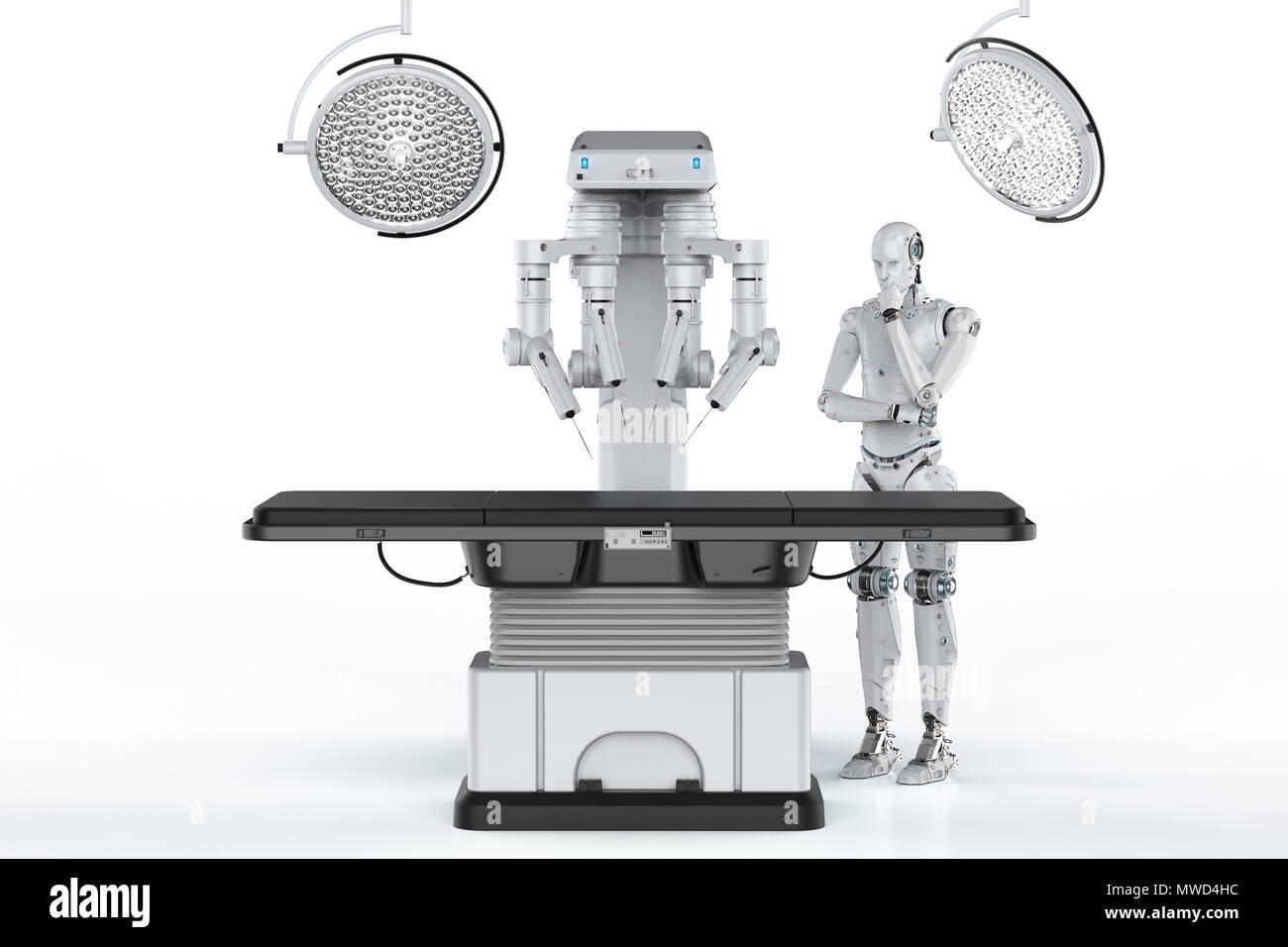 3d rendering robot surgery machine with cyborg and empty bed Stock ...