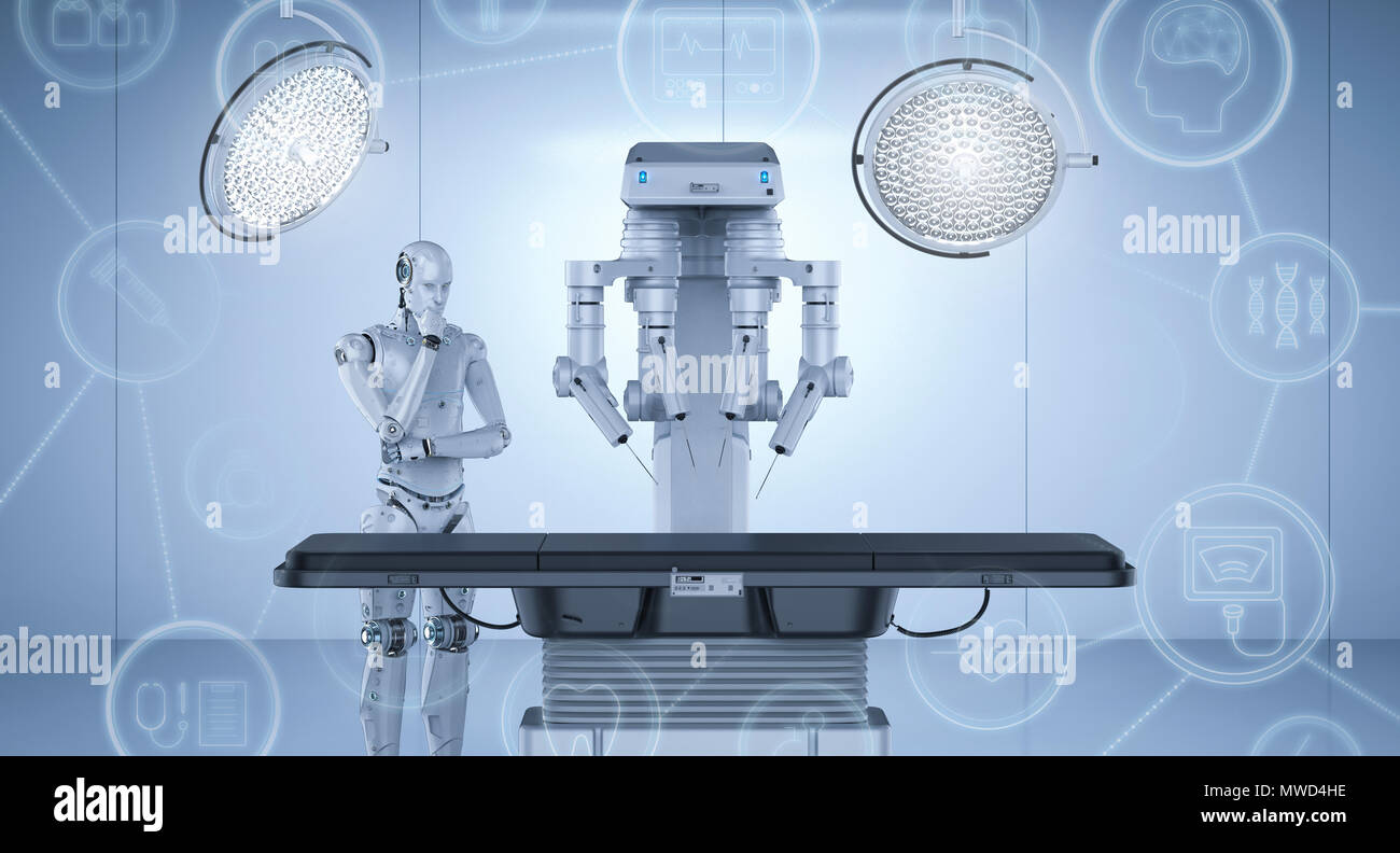 3d rendering robot surgery machine with cyborg and empty bed Stock ...