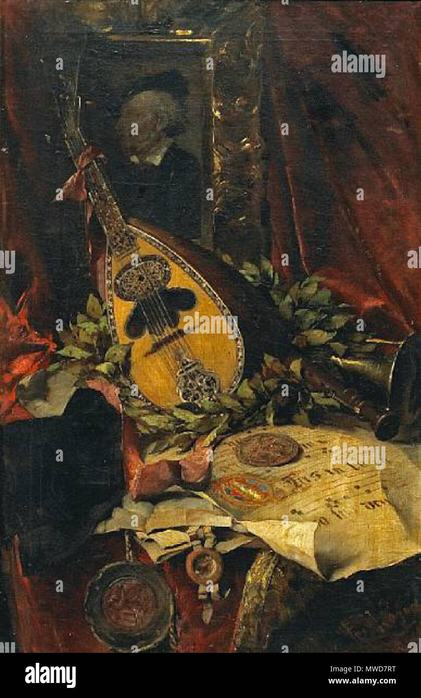 . English: A still life with musical instruments and a portrait of ...