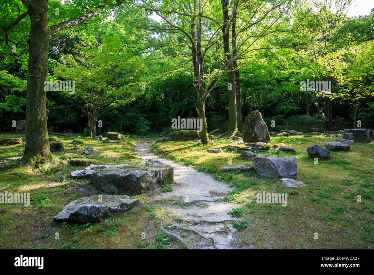Curved dirt path leading through mysterious stone formation into the ...