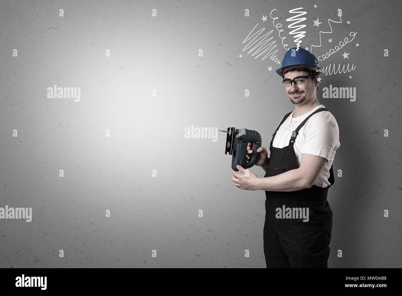 Handyman with tool in his hand and hand drawn lines above Stock Photo ...