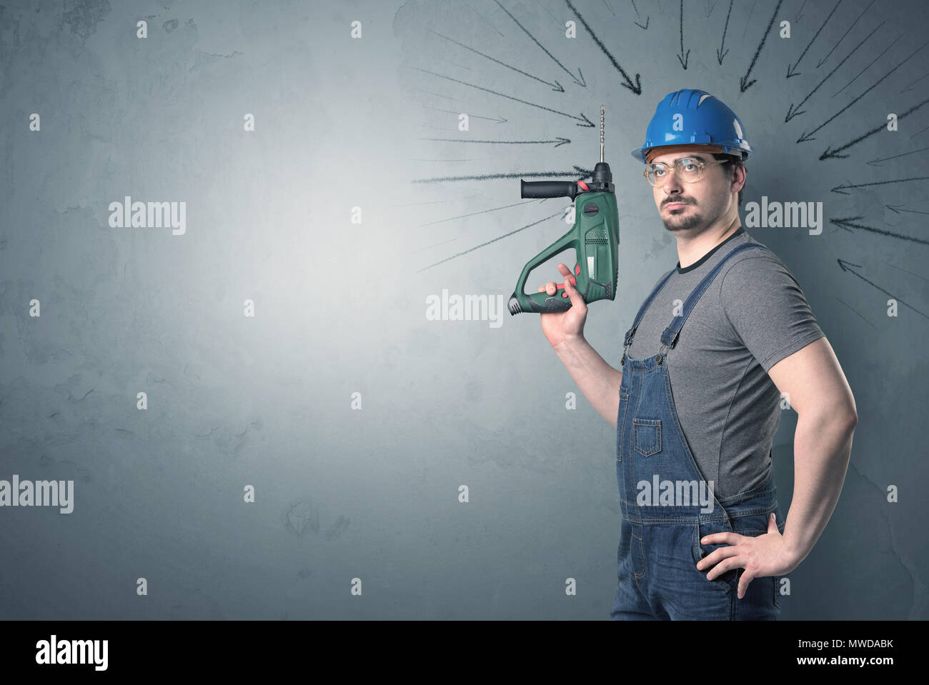 Working man with tools in his hand and arrows above his head Stock ...