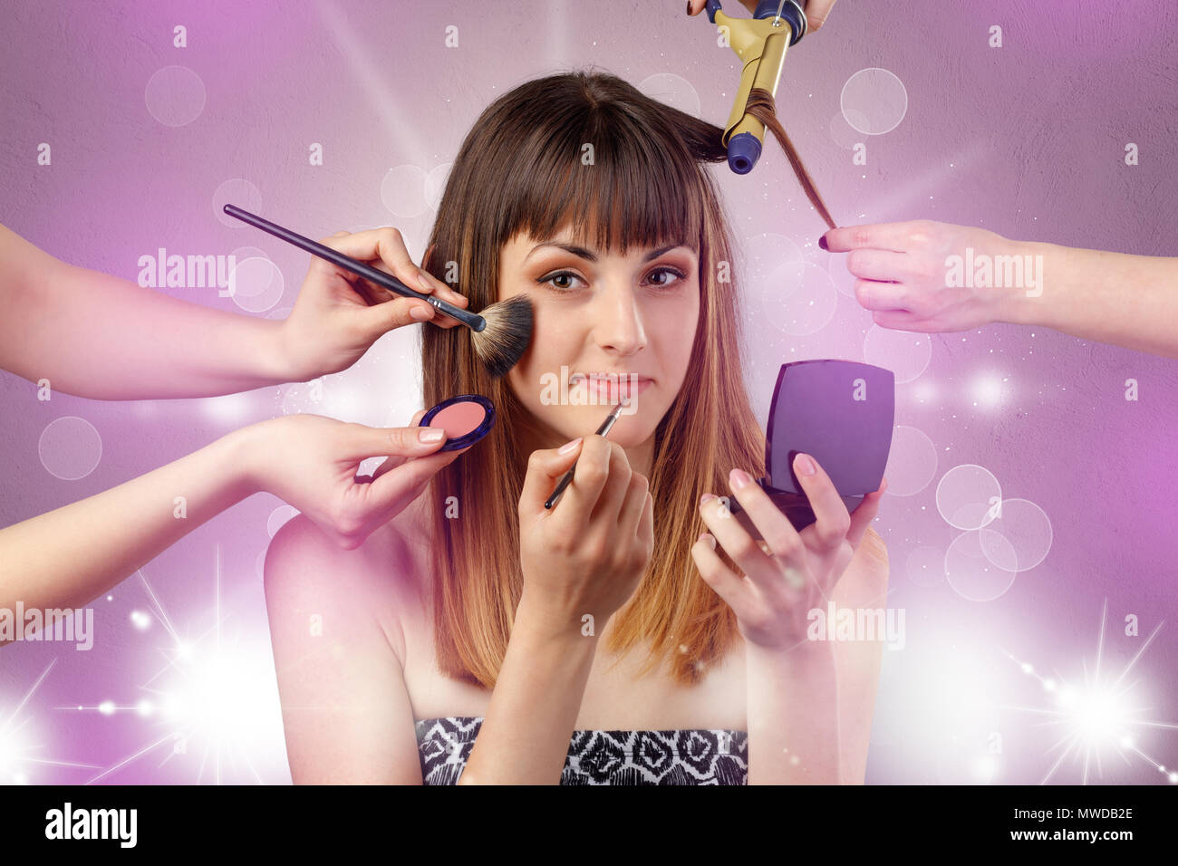 Young woman portrait with shiny pink beauty salon concept and personal ...