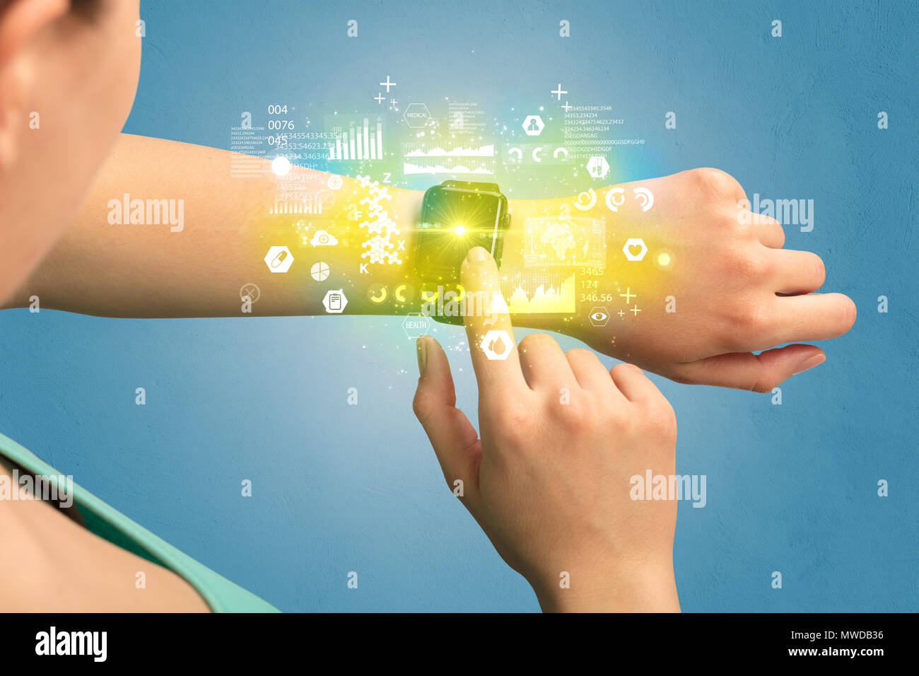 Hand with smartwatch and health medical tracker concept Stock Photo - Alamy