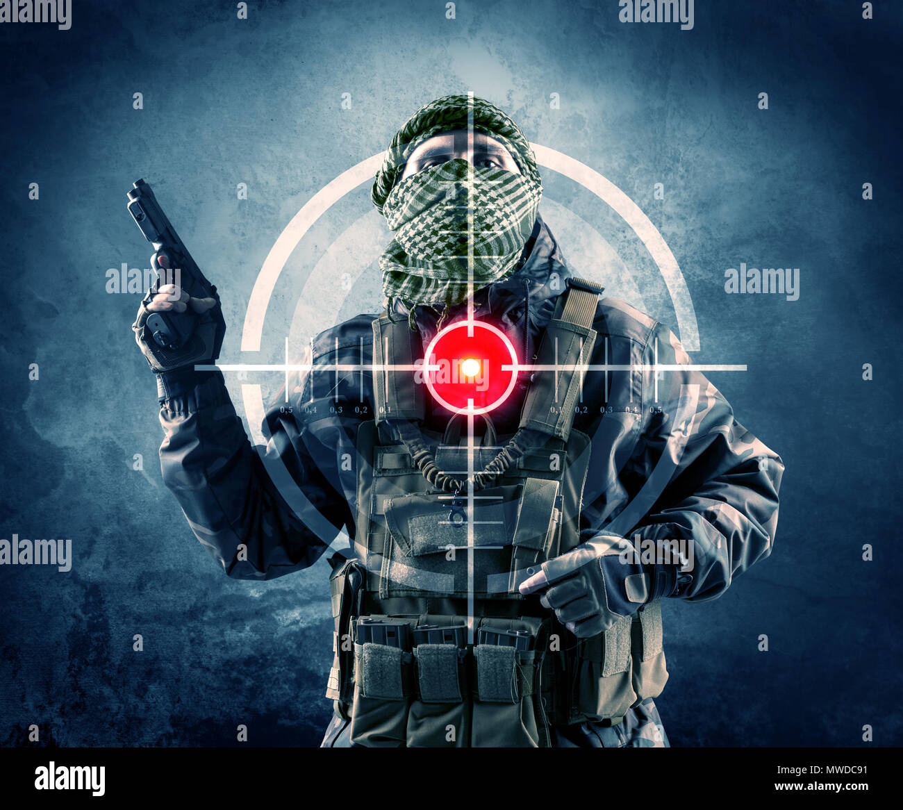 Masked terrorist man with gun and laser target on his body concept ...