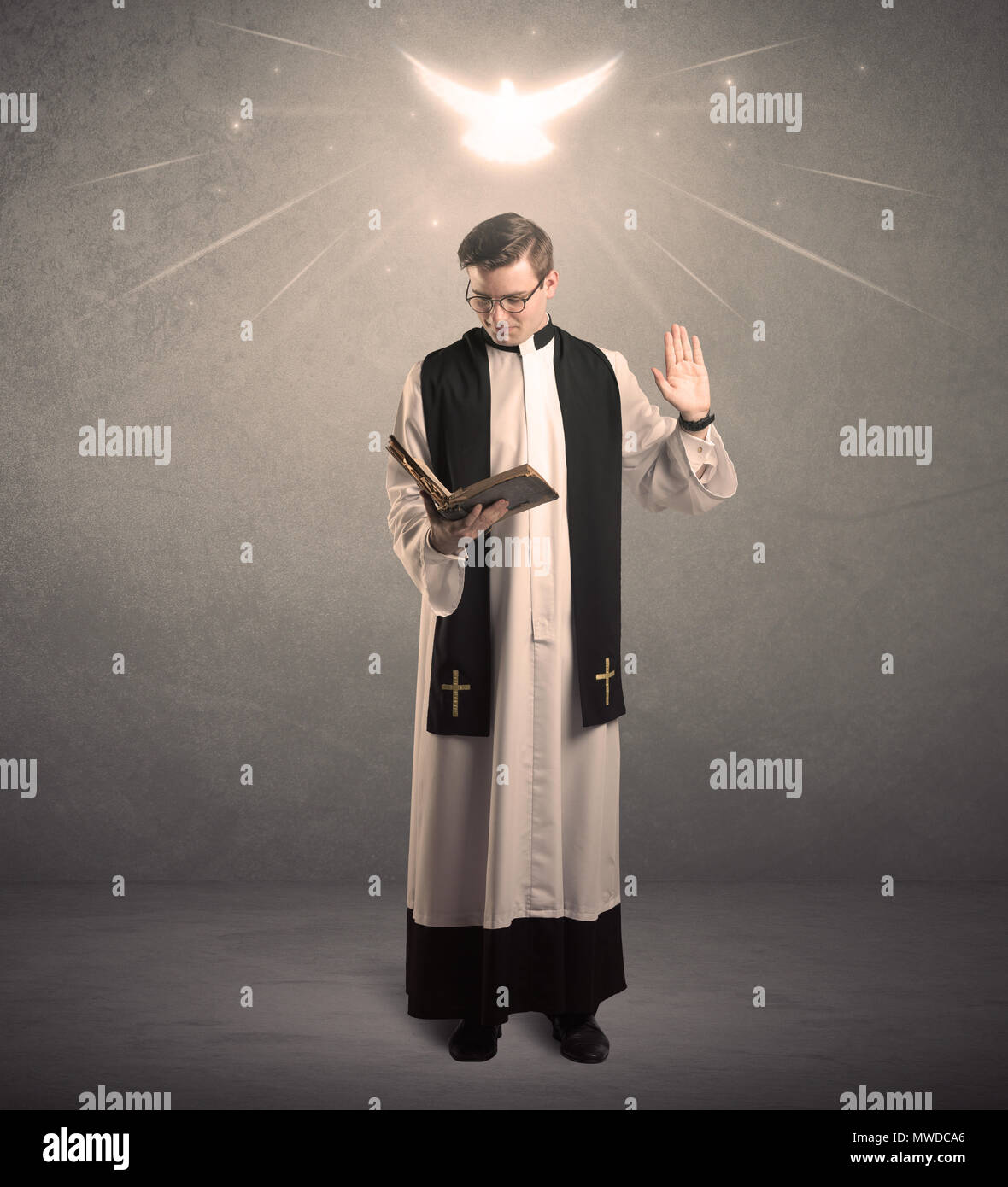 A holy priest reading a prayer from the holy bible with illustrated ...