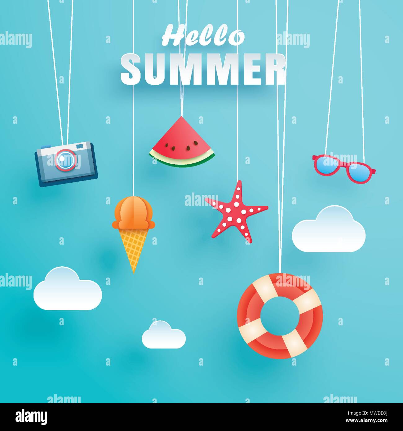 Hello summer with decoration origami hanging on the sky background ...