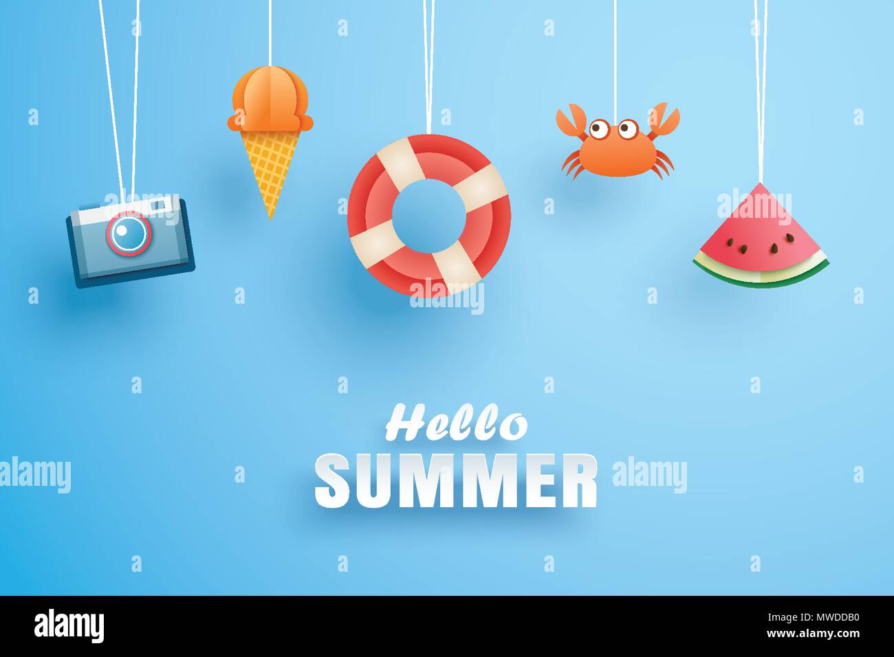 Hello summer with decoration origami hanging on the sky background ...