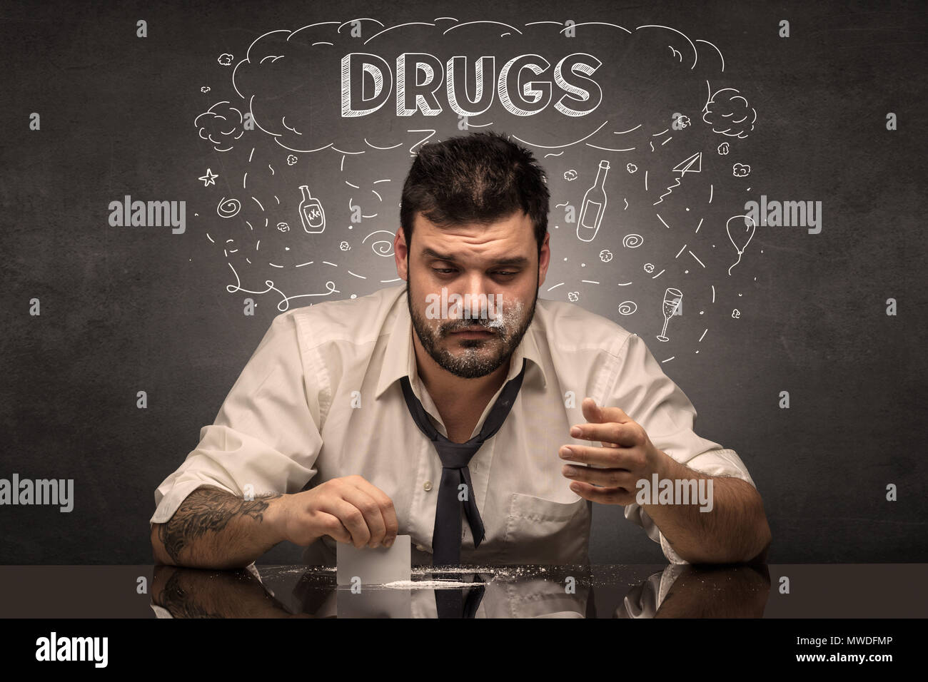 Loser drunk man with drinking, drug, hangover, alcoholic drugs concept ...