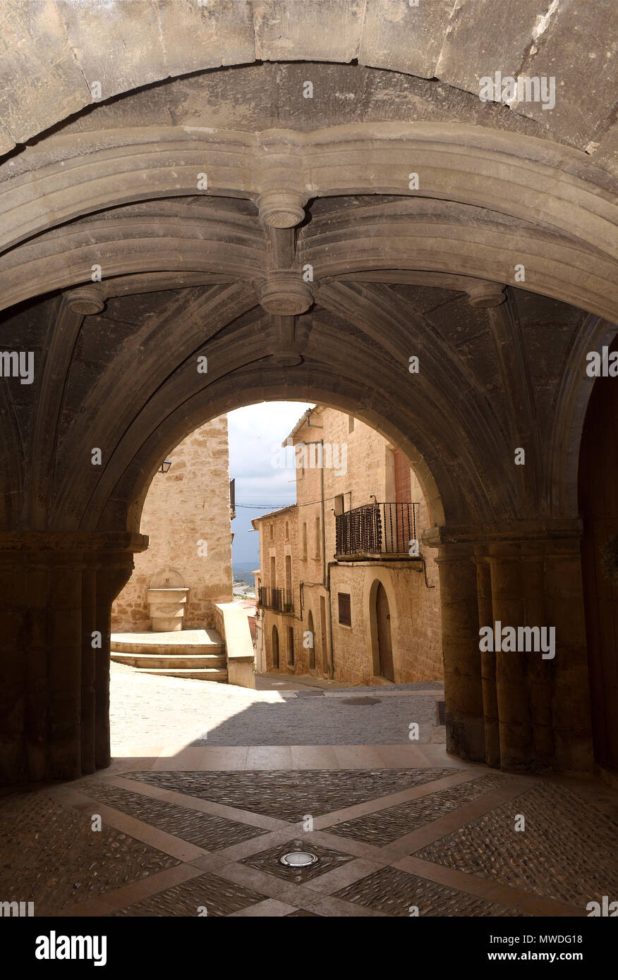 arcade historical center of Calaceite, Matarraya, Teruel province,Spain ...