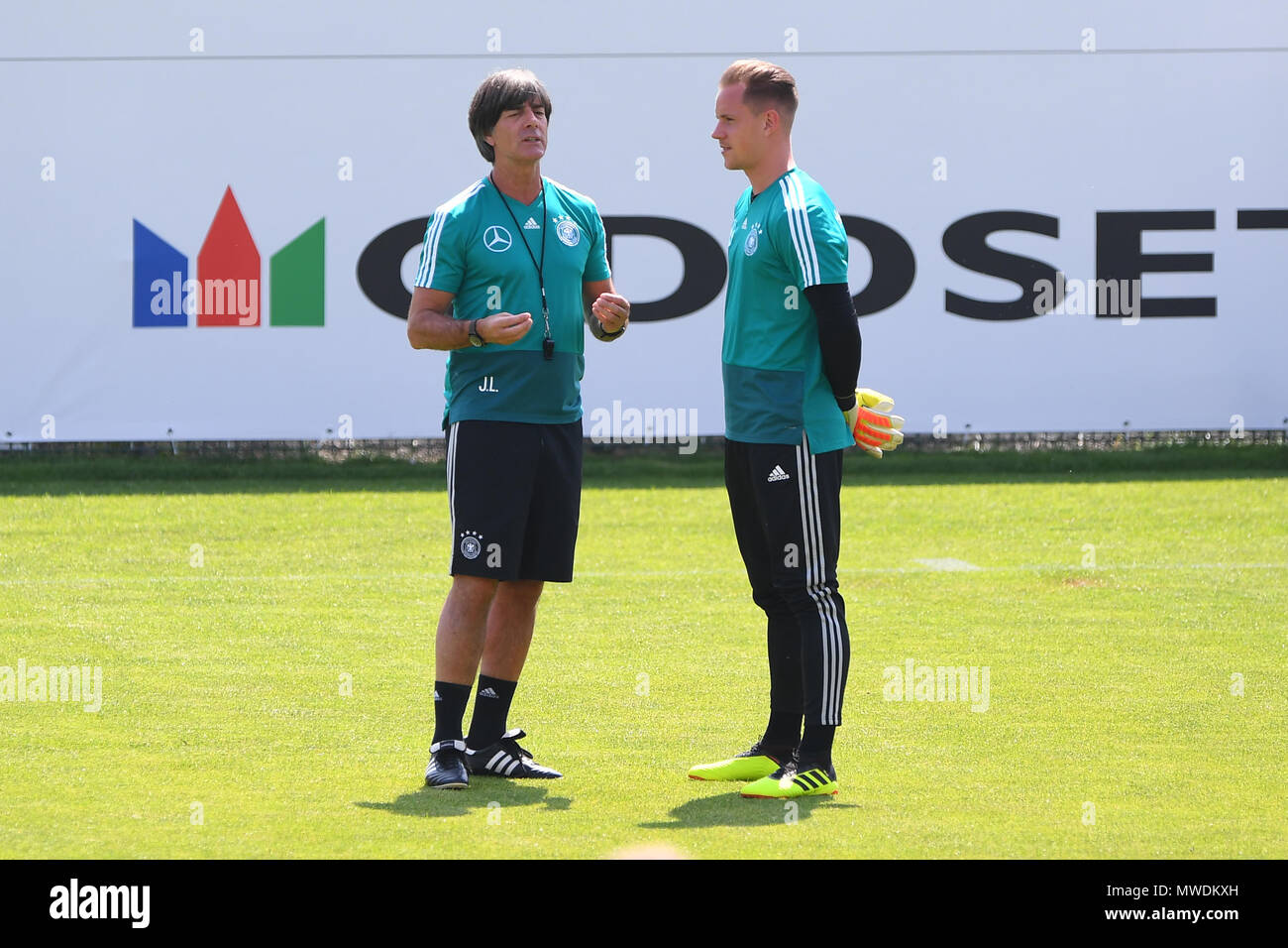 coach Joachim Loew (Germany, l.) in conversation with goalkeeper Marc ...