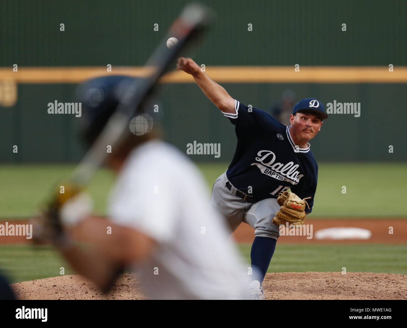 The Plate. 1st June, 2018. Trevor Conn Dallas Baptist pitcher makes ...