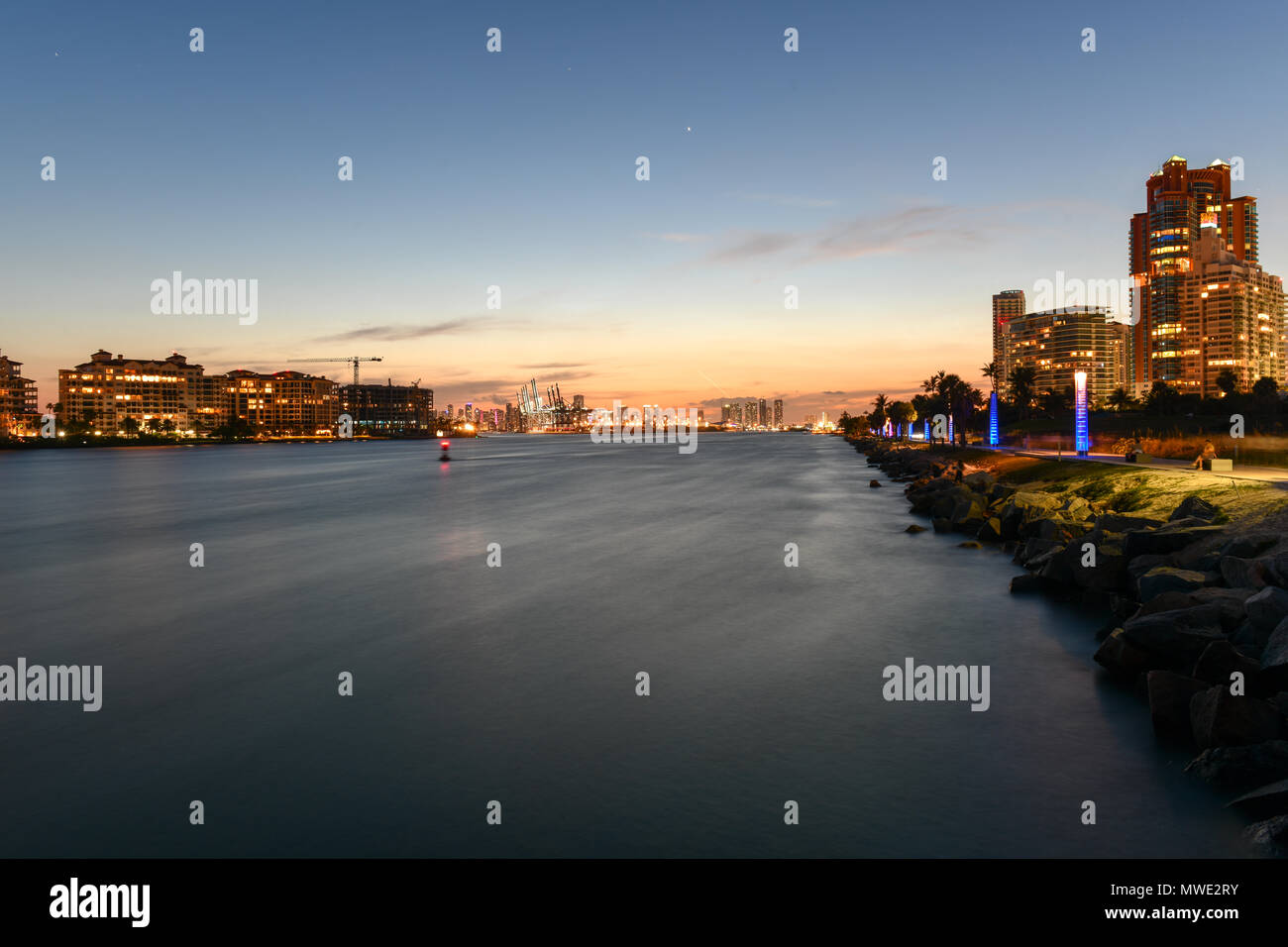 Large skyscrapers in the Miami Beach skyline at sunset in Florida Stock ...