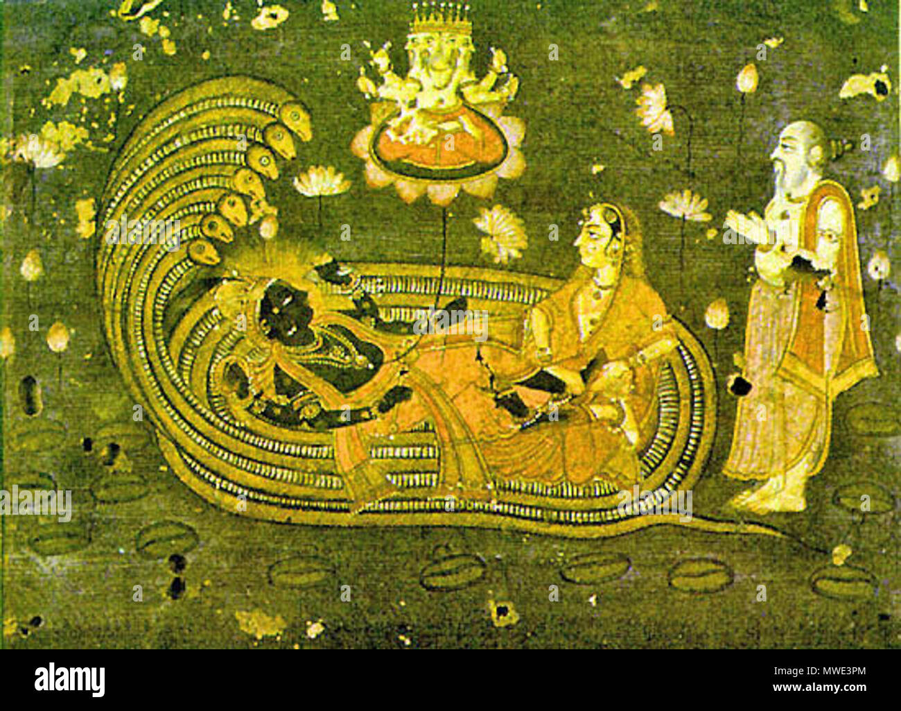 . Eighteenth century Vaishnava painting decipting Vishnu,on the serpent ...
