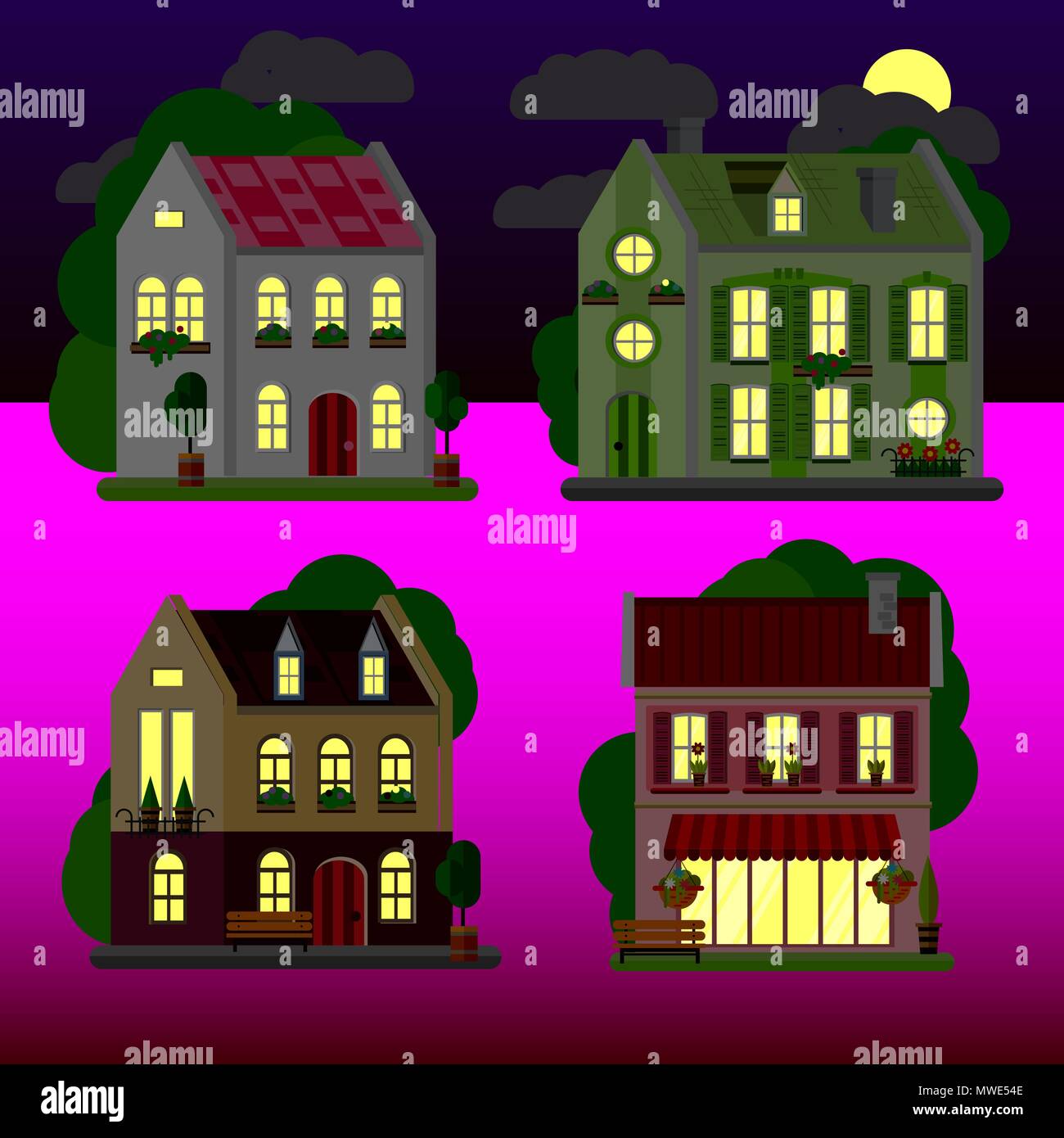 A set of flat illustrations of houses at night. Two-storey building ...