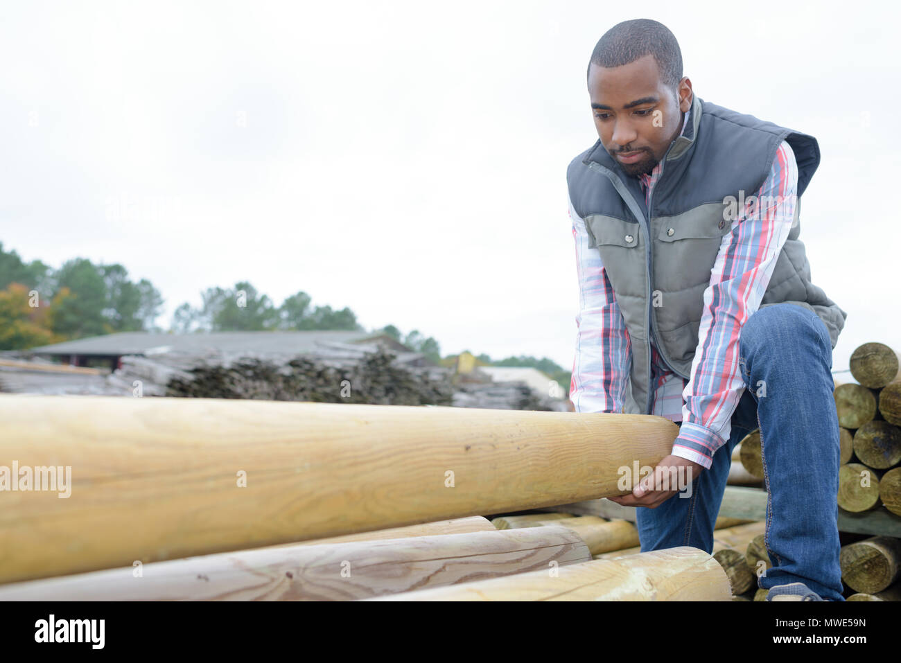 Man lifting wooden pole Stock Photo - Alamy
