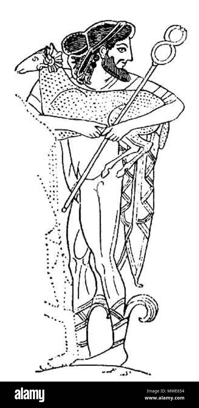 . English: Hermes Kriophoros (Criophorus). From ancient vase ...