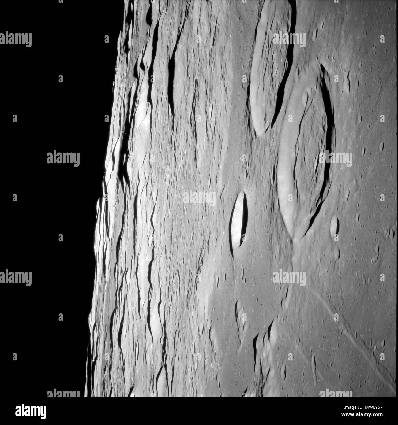Apollo 11 mission. Lunar orbit showing texture topography and craters ...