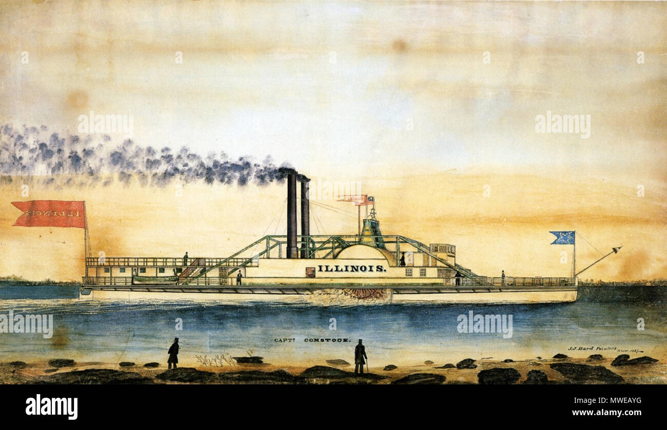 . English: Illinois, Hudson River steamboat, built 1837. Watercolor on ...