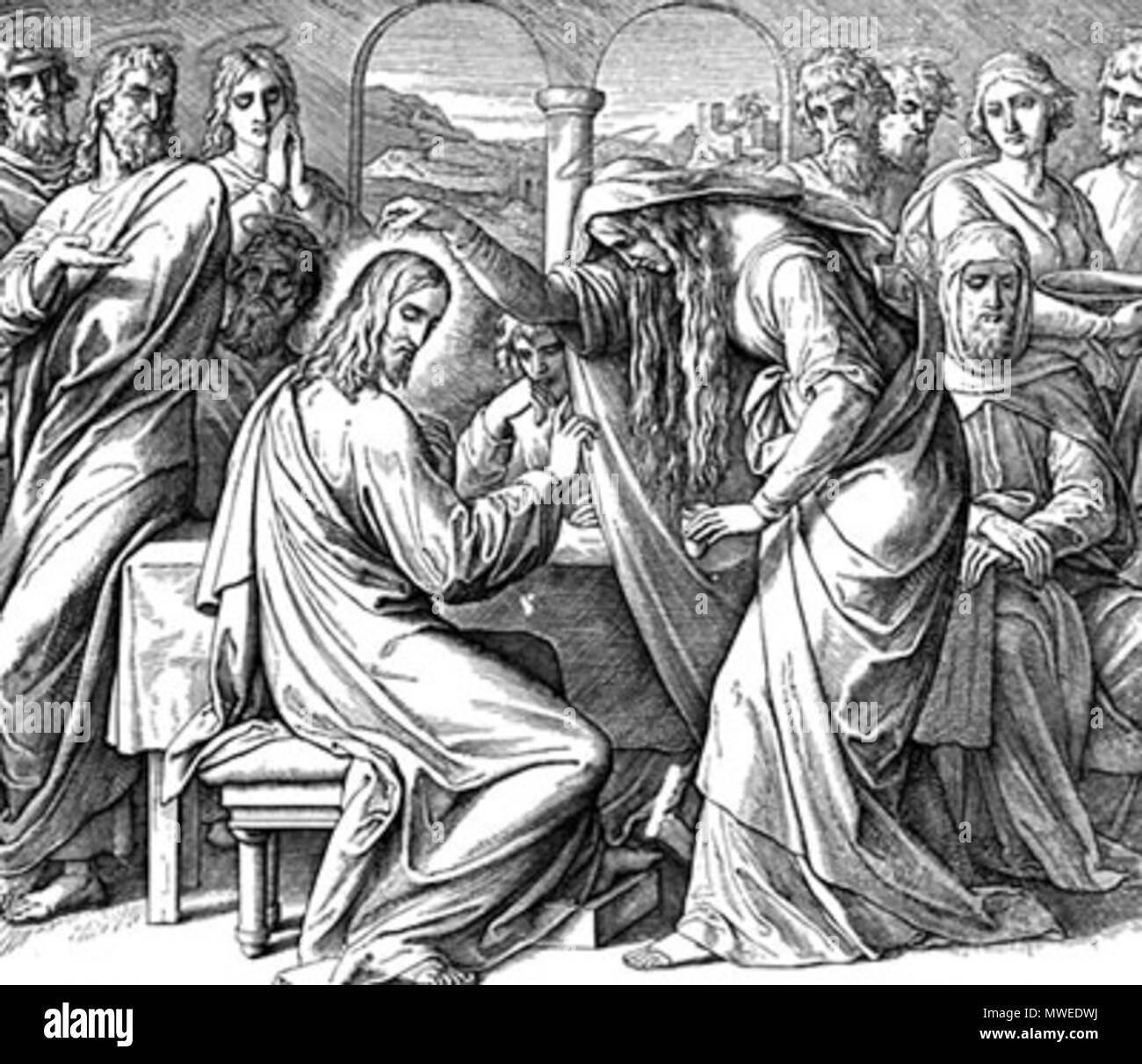 . Jesus is anointed by Mary Magdalene. XIX century engraving . 19th ...