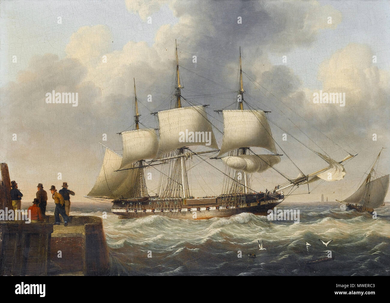 . English: A frigate shortening sail as she runs into port . Unknown ...
