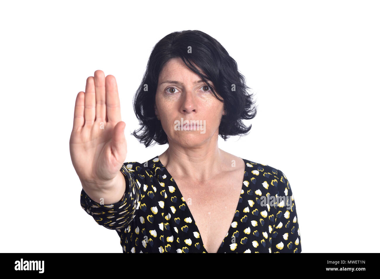 woman with stop sign on white Stock Photo - Alamy