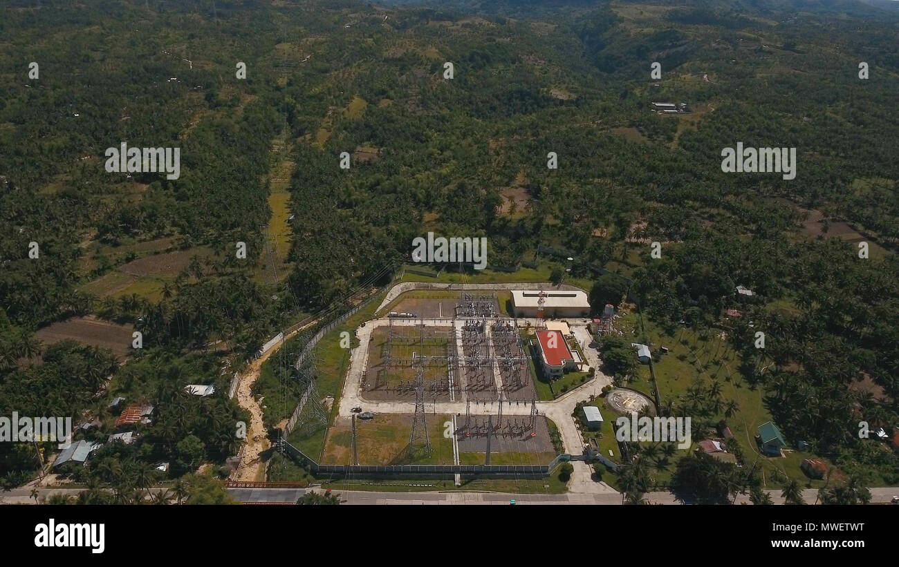 Aerial view high voltage power transformer substation in tropical ...