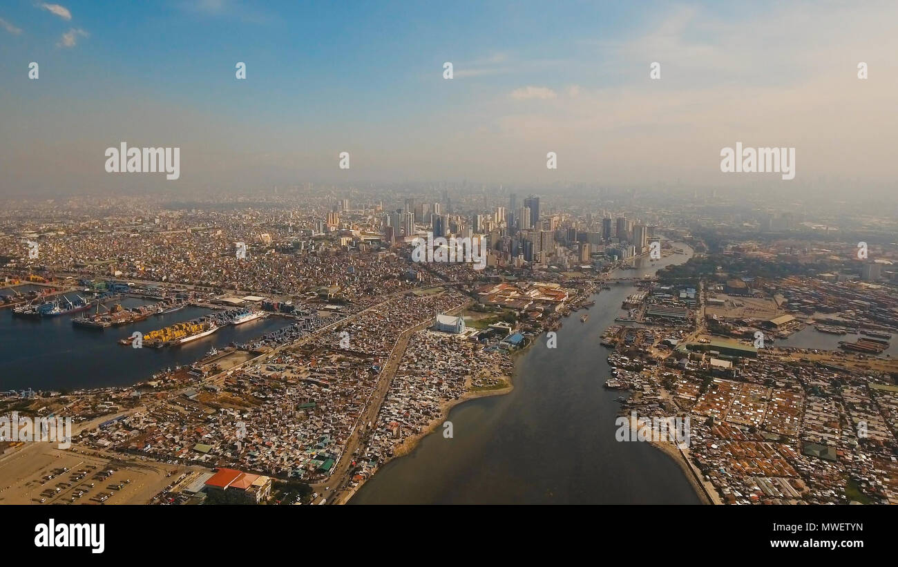 Aerial view skyline of Manila city, Makati. Fly over city with ...