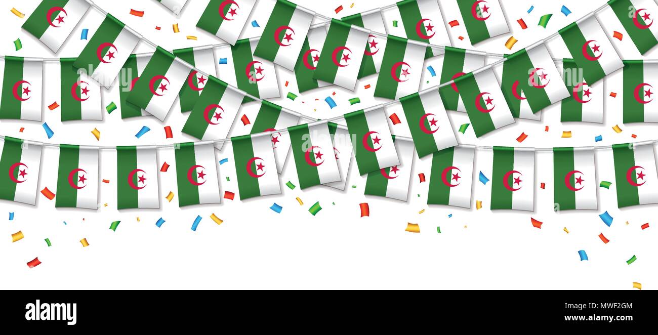 Algeria flag garland white background with confetti, Hanging bunting ...