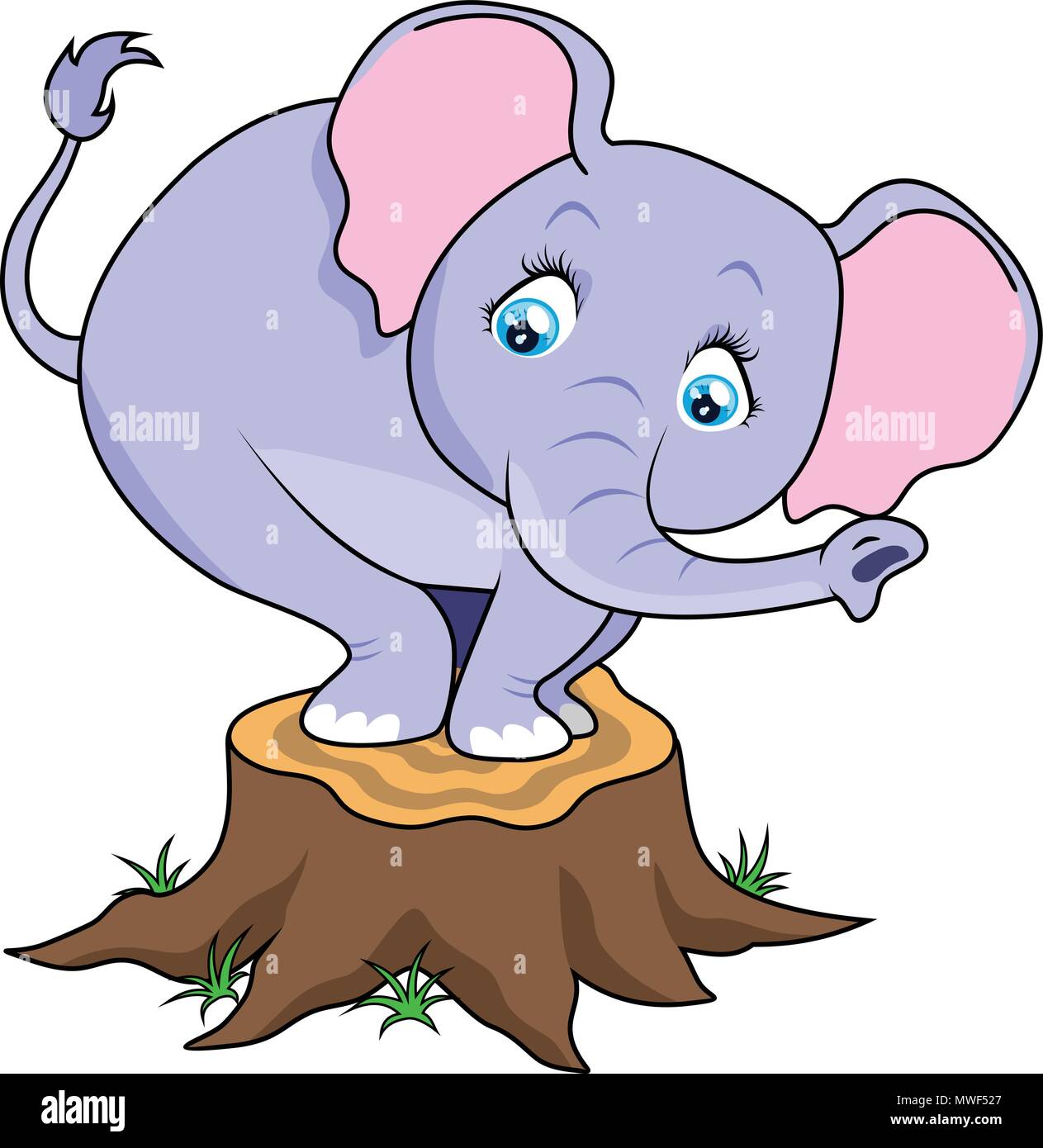 Cartoon cute baby elephant terrified on tree stump. Vector illustration ...