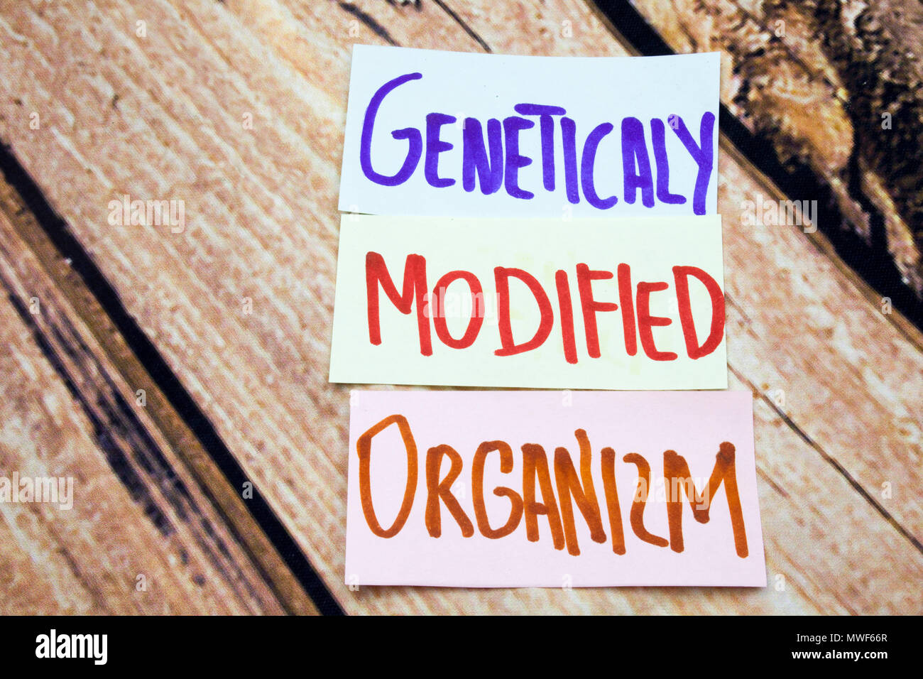 GMO or geneticaly modified organizm handwritten sign on the white paper ...