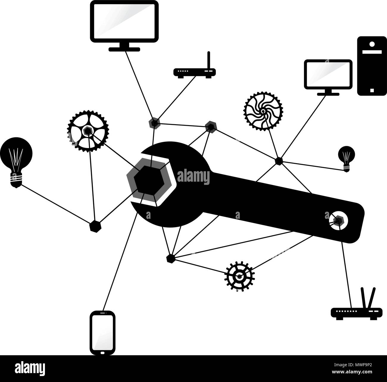 Network and PC repairs conceptual illustration in black and white Stock ...