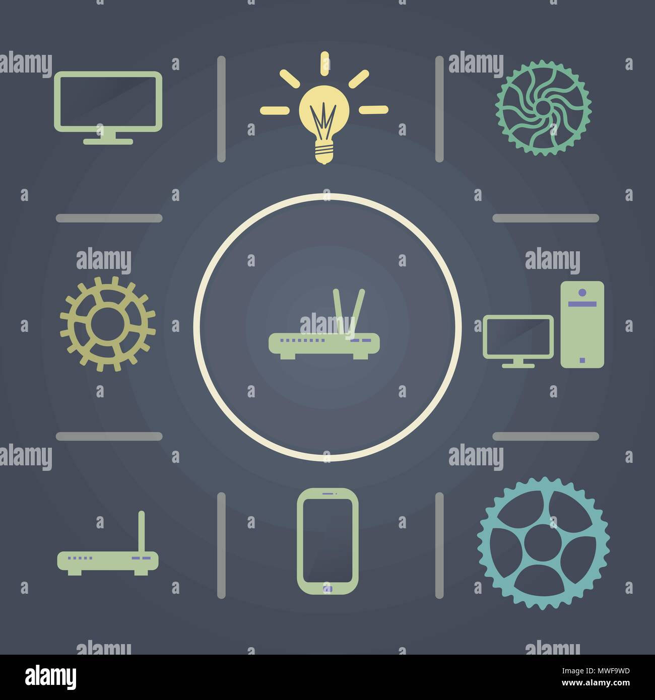 Set of technology related symbols - PC, monitor, cog wheels, router ...