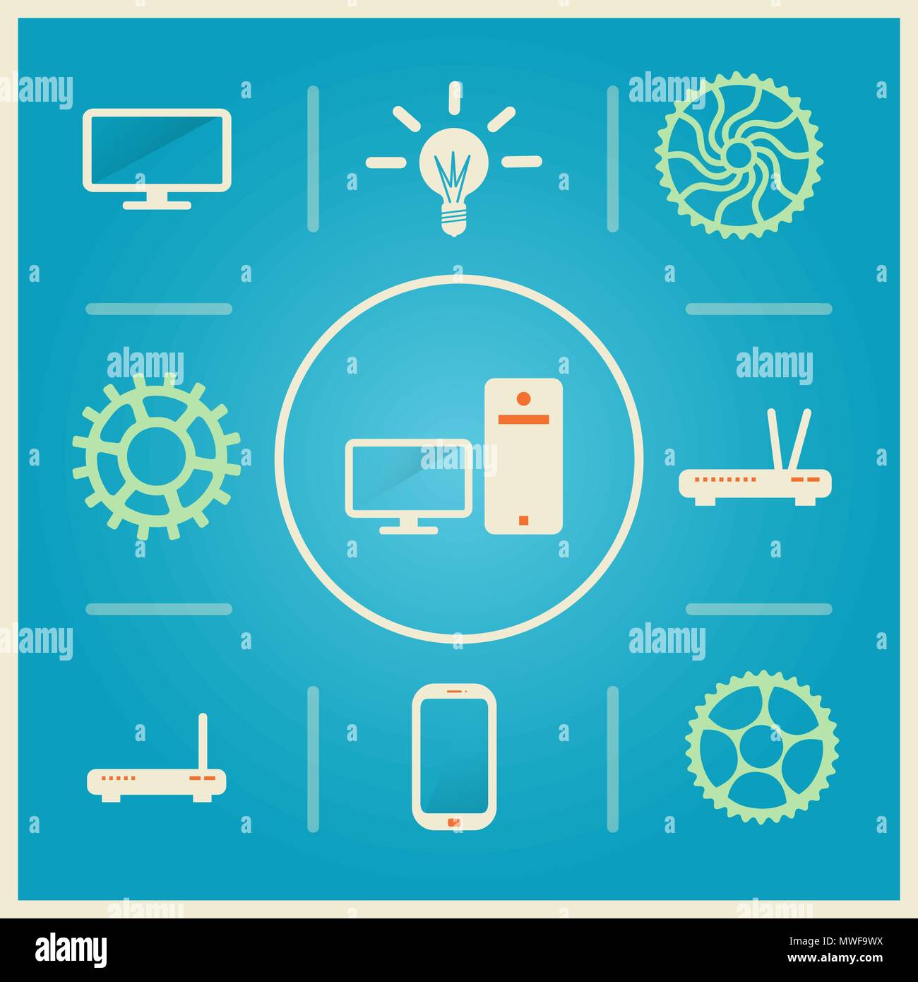 Set of technology related icons - PC, monitor, cog wheels, router ...